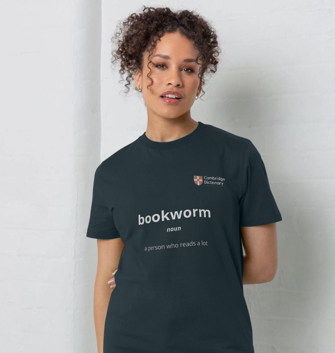 Bookworm organic cotton T shirt - white writing variety