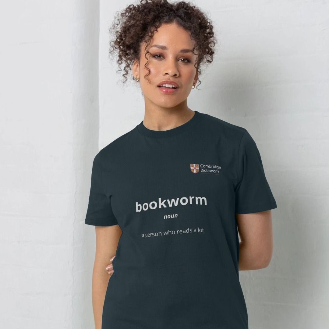 Bookworm organic cotton T shirt - white writing variety