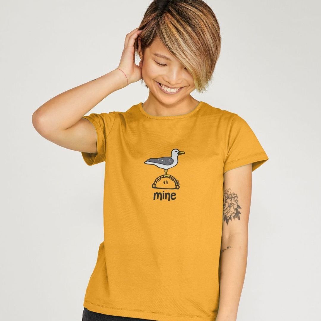 Mine! Seagull and Cornish pasty, crew neck t-shirt, black print (women)