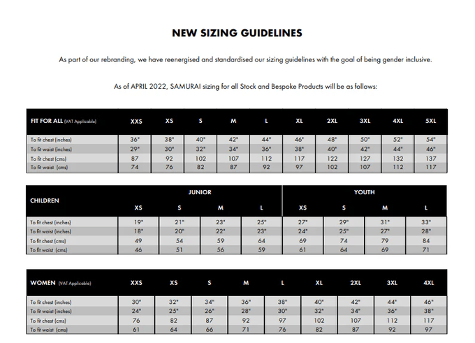 SAMURAI Size Guide
